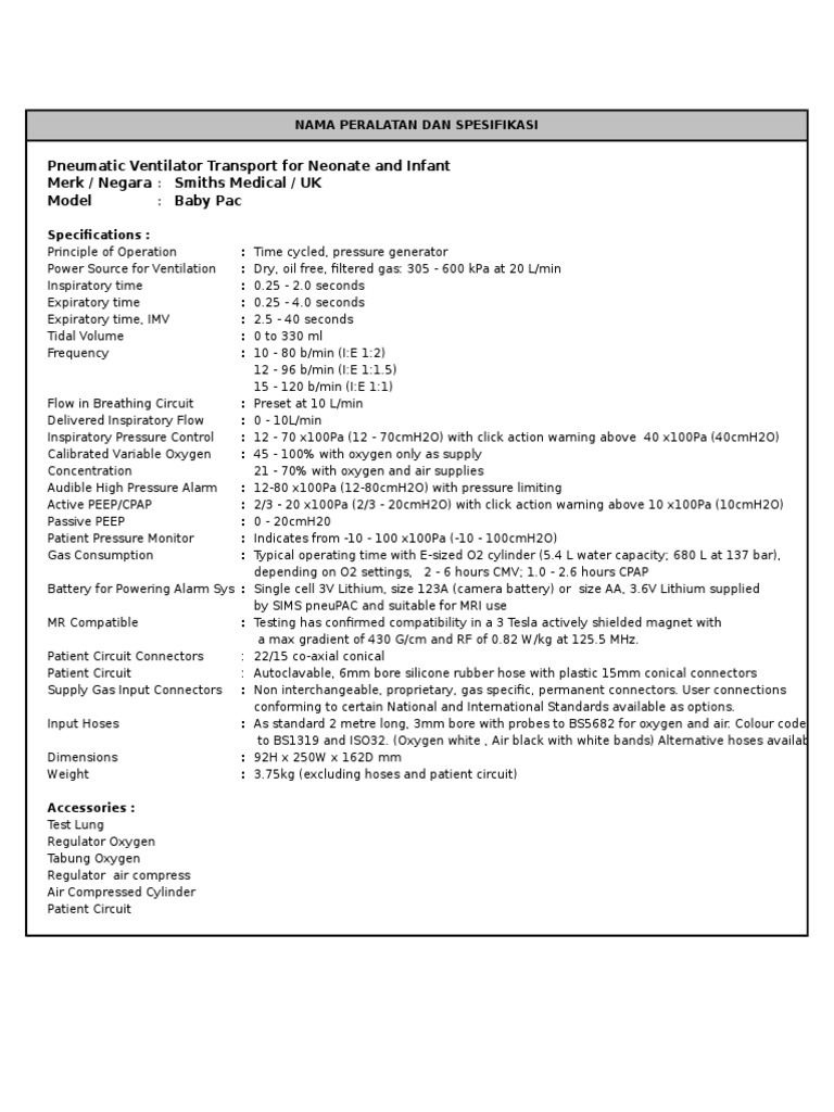 Spesifikasi Ventilator Transport For Neonate & Infant Baby Pac | PDF ...