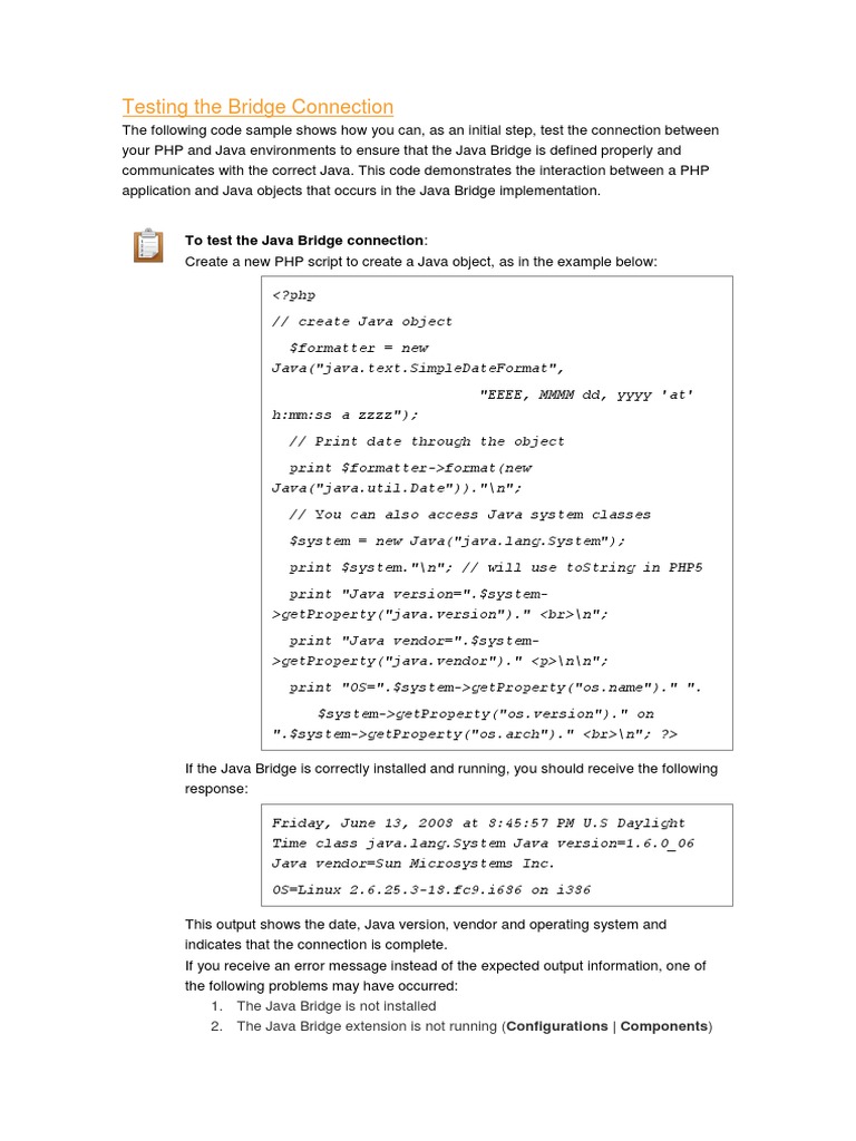PHP-Java Bridge Connection Guide | PDF | Java (Programming Language) | Php