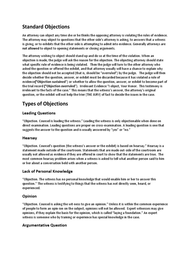 Standard Objections | Objection (Law) | Witness Standard Objections | Objection (Law) | Witness