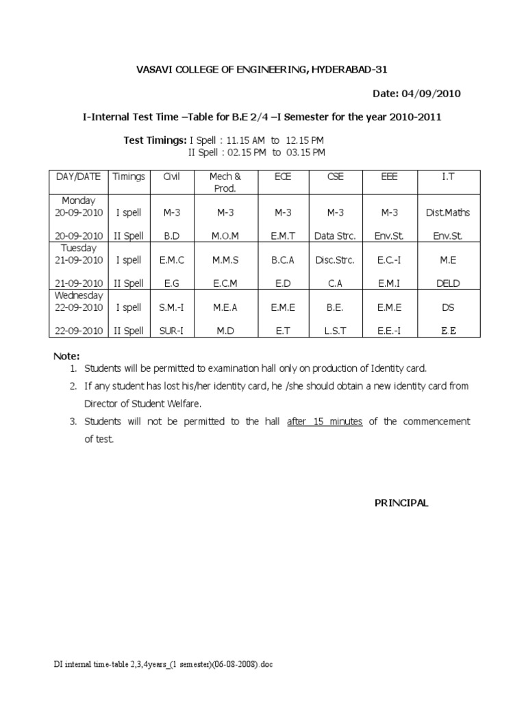 VASAVI COLLEGE INTERNAL TEST TIMETABLE | PDF | Academia | Science Education