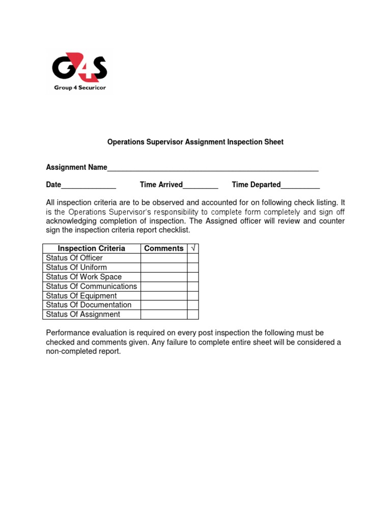 Operations Supervisor Assignment Inspection Sheet