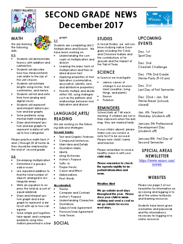 Second Grade Newsletter December 2017 | PDF | Multiplication | Textbook