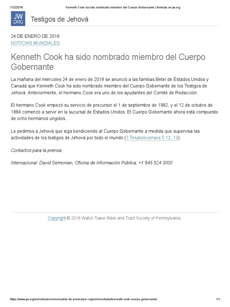 Kenneth Cook Ha Sido Nombrado Miembro Del Cuerpo Gobernante - Noticias ...