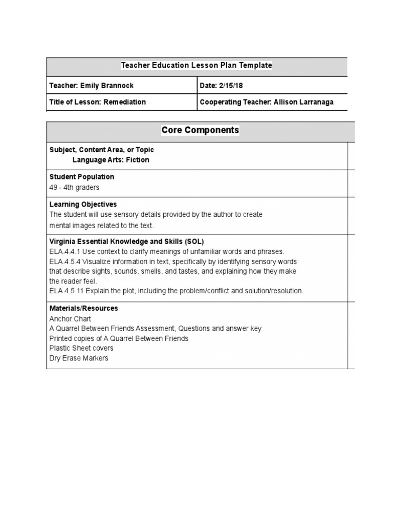 Core Components: Teacher Education Lesson Plan Template | PDF ...