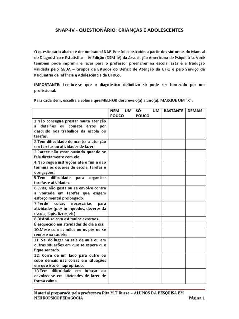 Snap IV | PDF | Transtorno de Déficit de Atenção e Hiperatividade ...