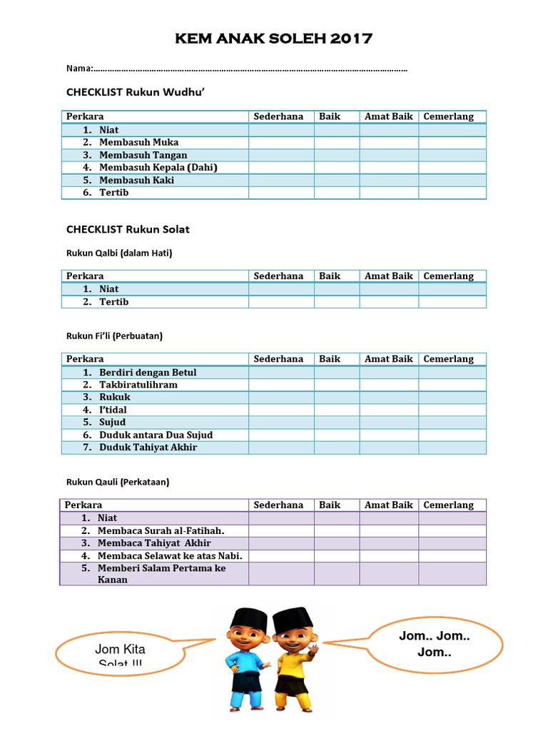 Checklist Rukun Solat dan Wudhu Anak | PDF | Pengembangan Diri | Gaya Hidup