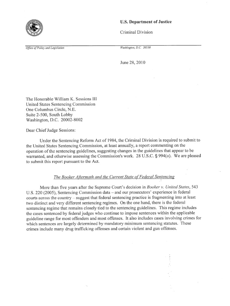 June 28, 2010 DOJ Letter To Sentencing Commission | PDF | United States ...