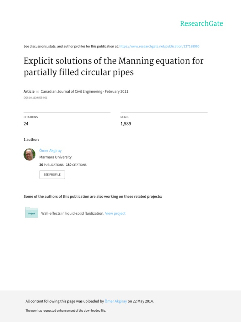 Explicit Solutions of The Manning Equation For Partially Filled ...