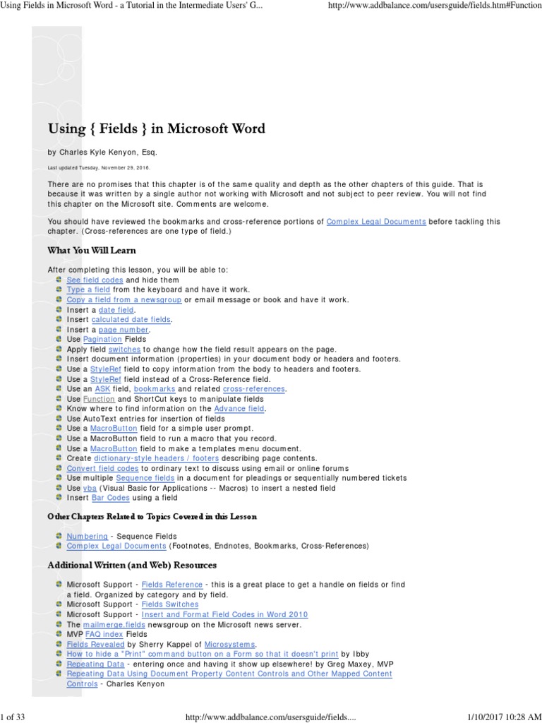Using Fields In Microsoft Word A Tutorial In The Intermediate Users 