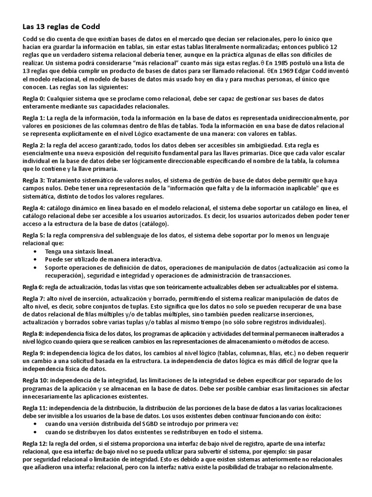 Las 13 Reglas de Codd | PDF | Modelo relacional | Bases de datos