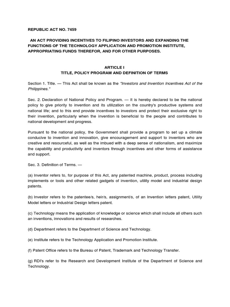 Republic Act No. 7459: Philippines." | PDF | Patent | Invention