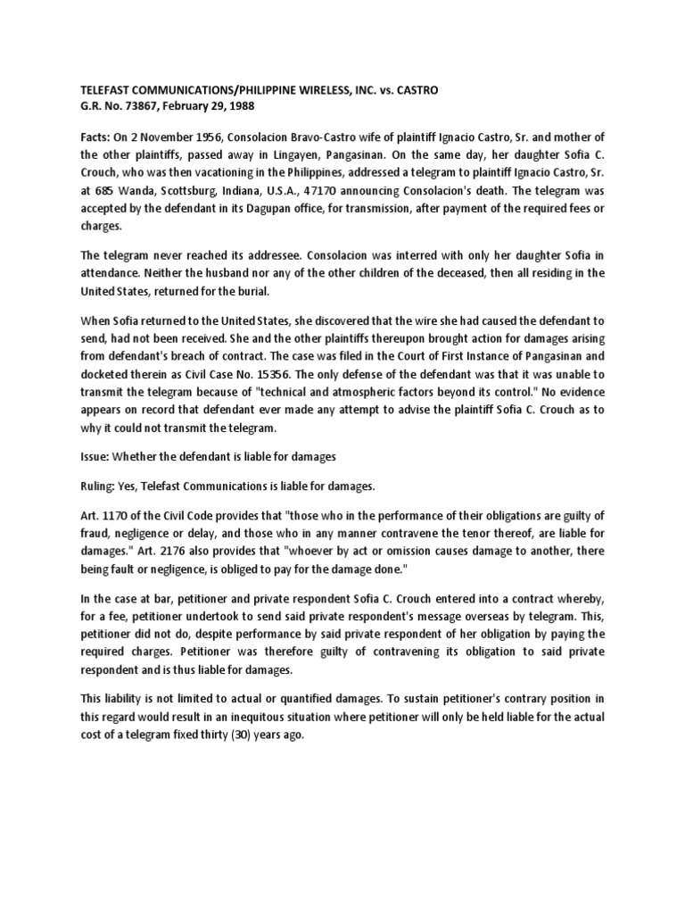 Telefast Communications Liability Case | PDF | Damages | Negligence