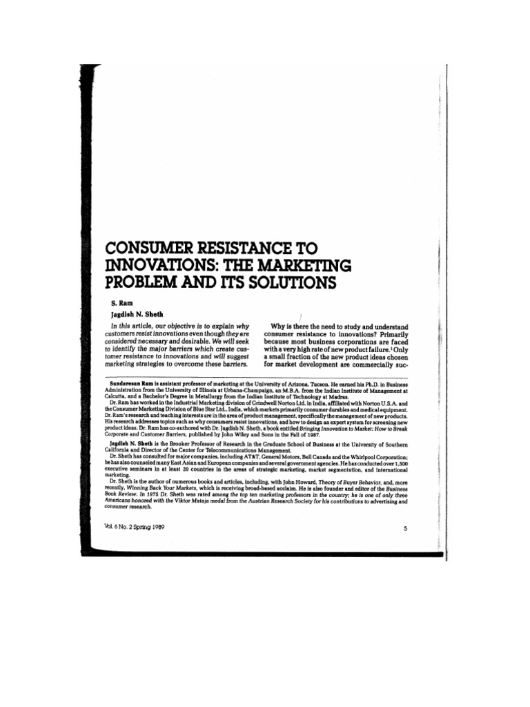 Consumer Resistance To Innovations The Marketing Problem and Its ...