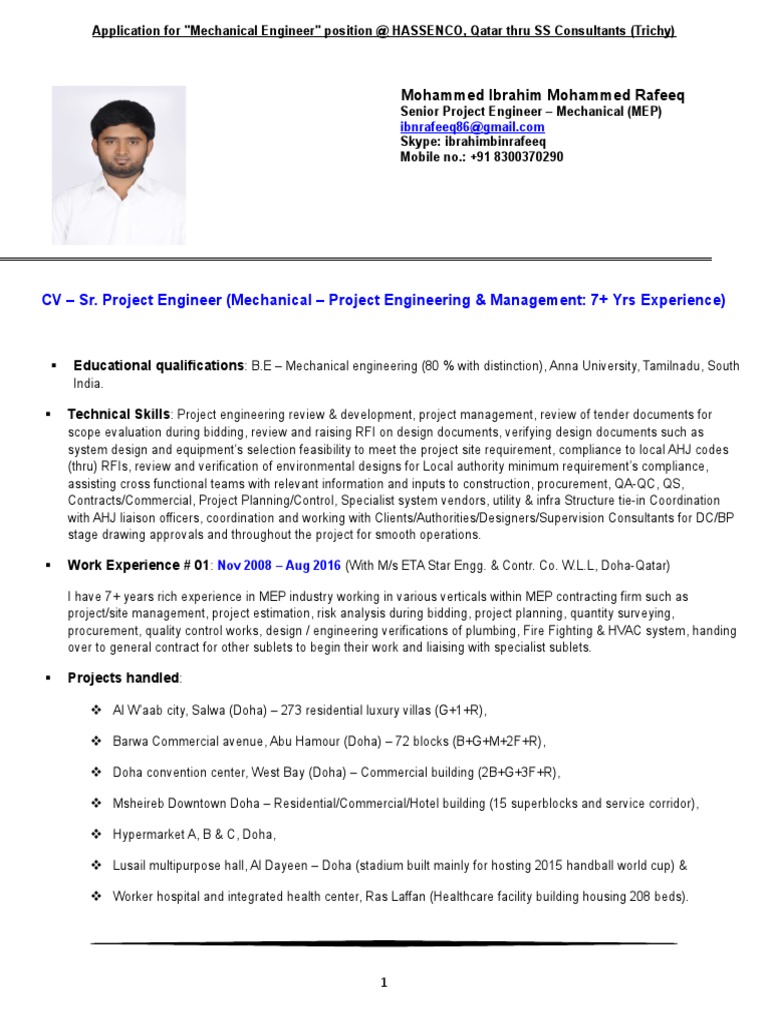 MIMR - CV - Senior Project Engineer (Mechanical-MEP) | PDF ...