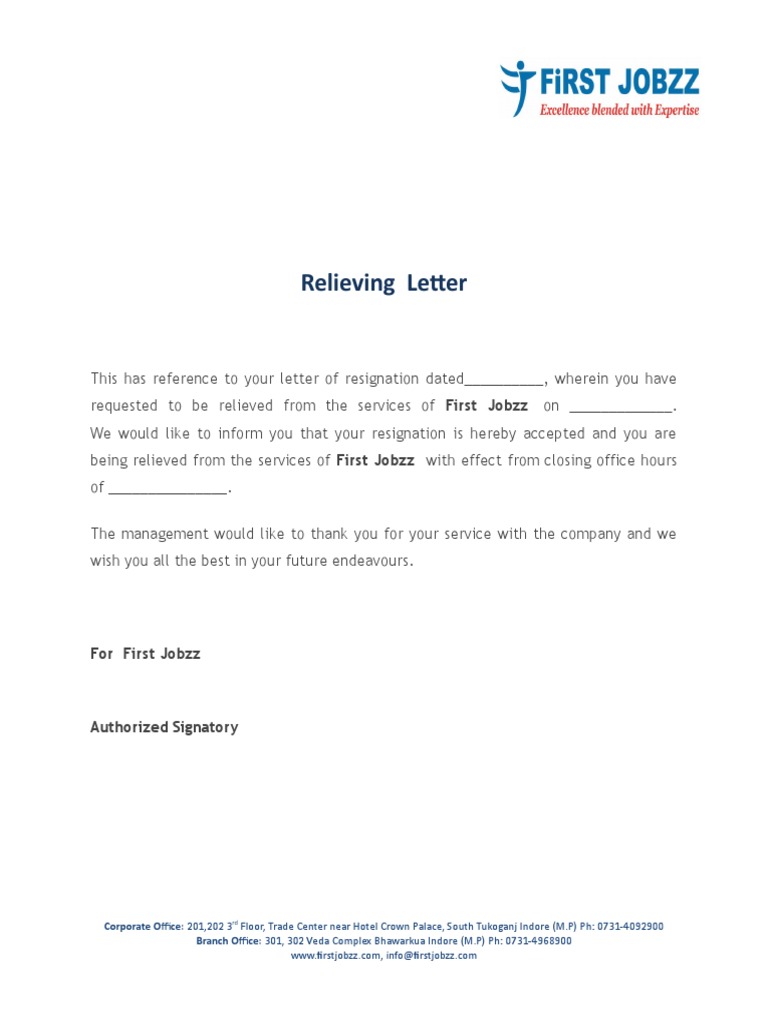 Relieving Letter: For First Jobzz | PDF