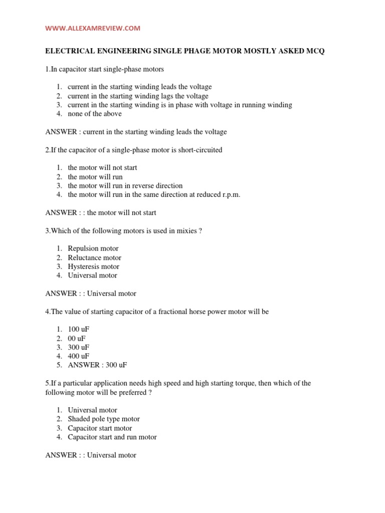Electrical Engineering Single Phage Motor Mostly Asked MCQ PDF | PDF | Electric Motor | Capacitor