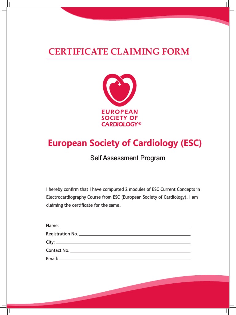 Certificate Claiming Form: European Society of Cardiology (ESC) | PDF