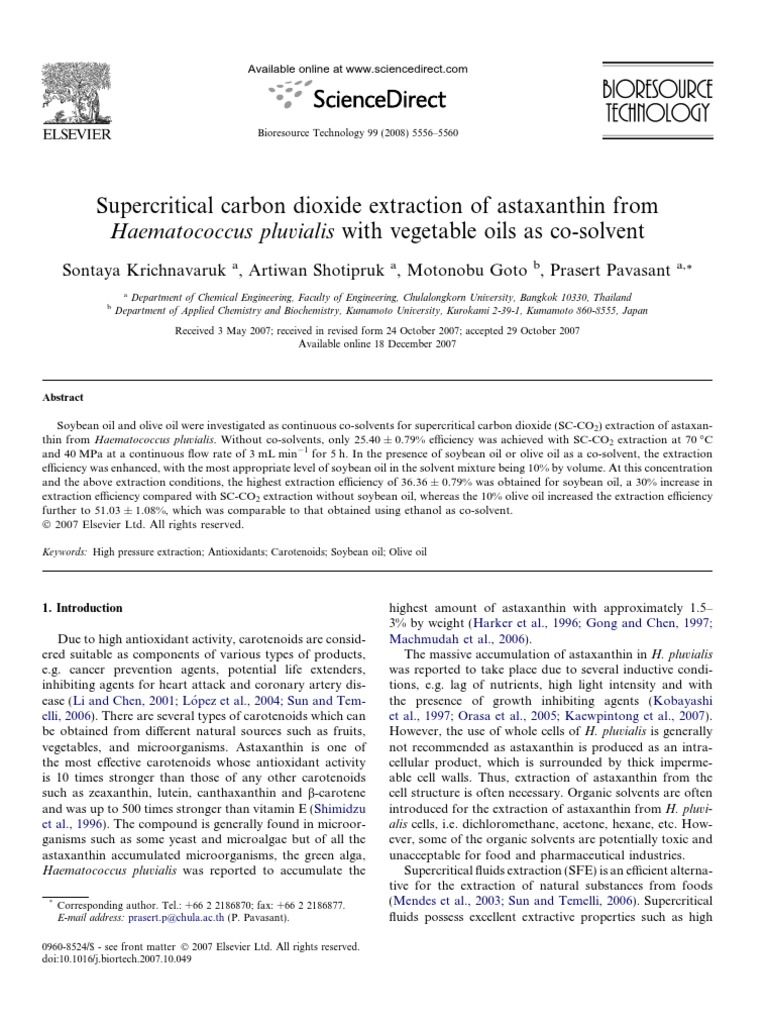 SC-CO2 extraction of astaxanthin using vegetable oils | PDF | Solution ...