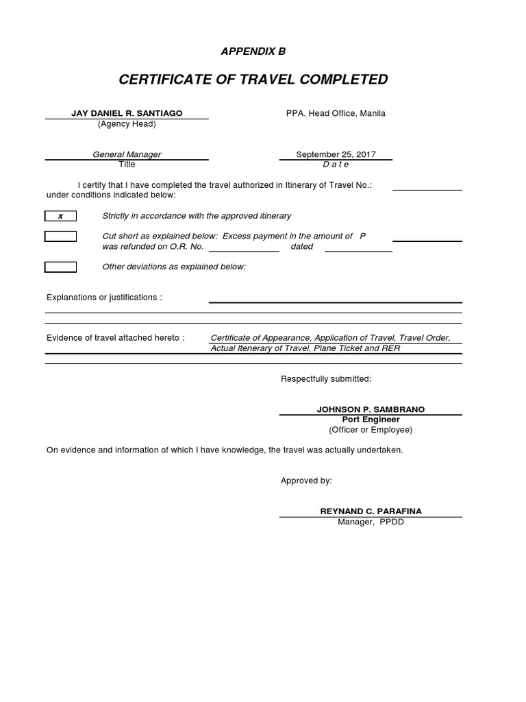 Certificate of Travel Completed: Appendix B | PDF