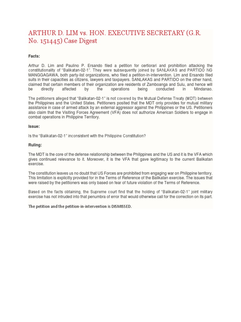 Arthur D. Lim vs. Hon. Executive Secretary (G.R. No. 151445) Case ...