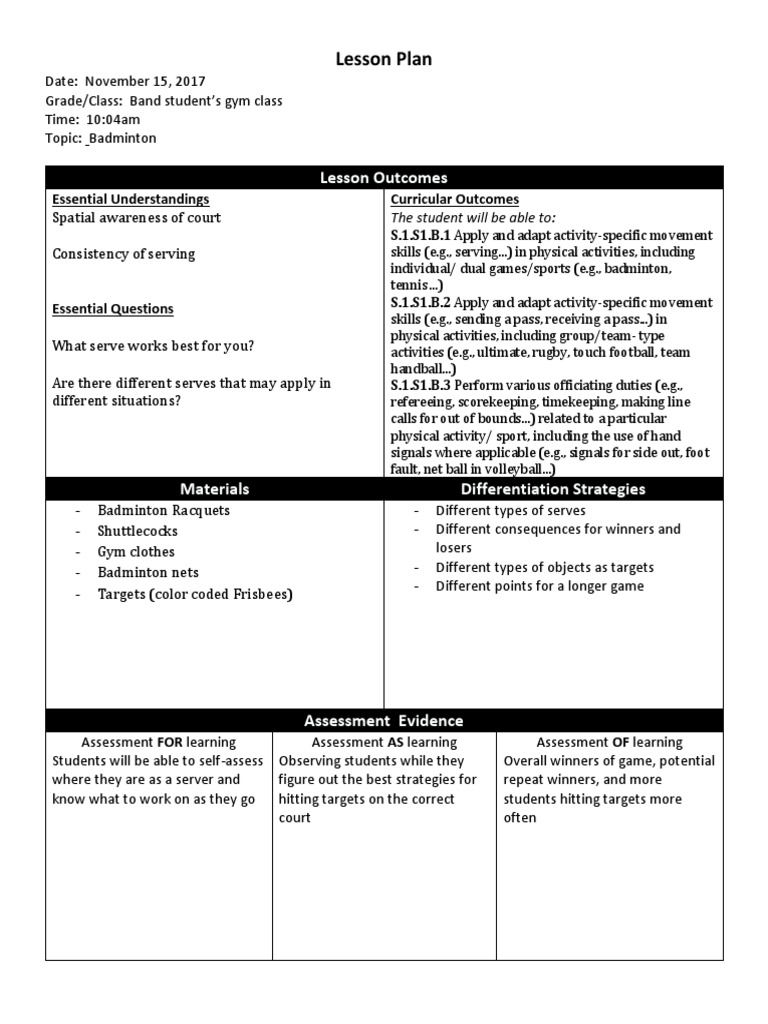 Lesson Plan For Badminton Serving | Download Free PDF | Educational ...