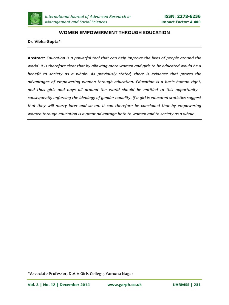 Empowering Women Through Education: A Key to Social Development and ...