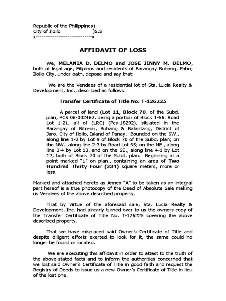 Affidavit of Loss: Transfer Certificate of Title No. T-126225 | PDF ...