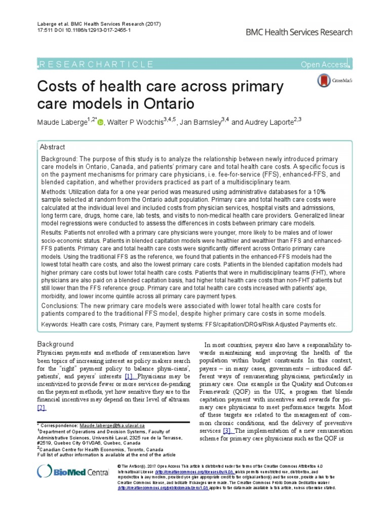 Costs of Health Care Across Primary Care Models in Ontario ...