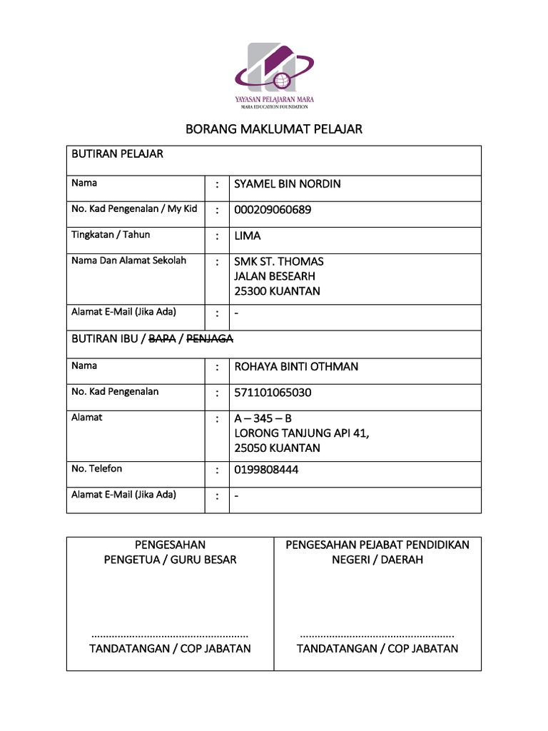 Borang Maklumat Pelajar Ypm | PDF