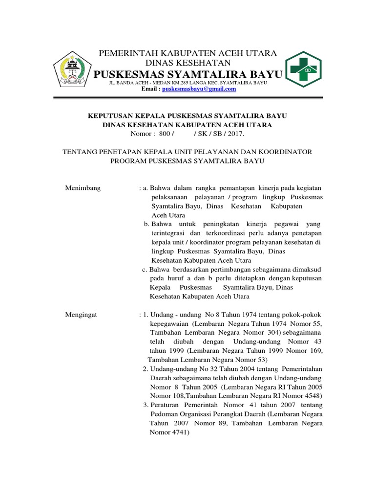Penetapan Koordinator Puskesmas Bayu | PDF
