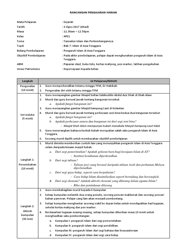 RPH TFM Week (Lesson Plan) | PDF