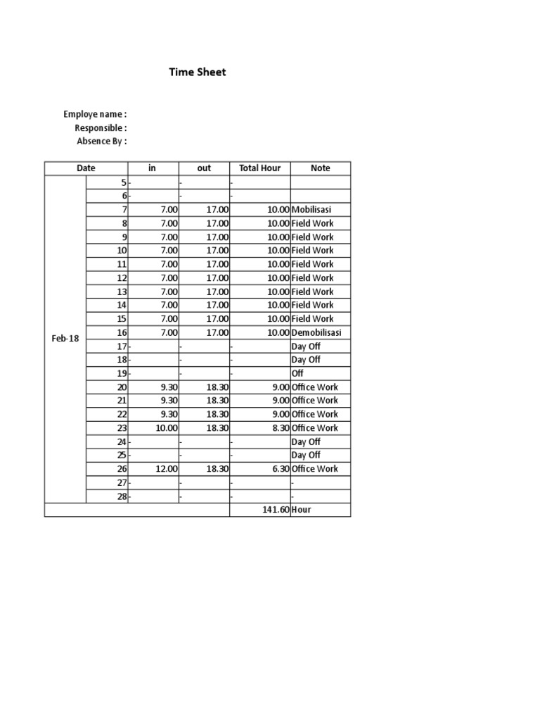 Time Sheet: Date in Out Total Hour Note | PDF