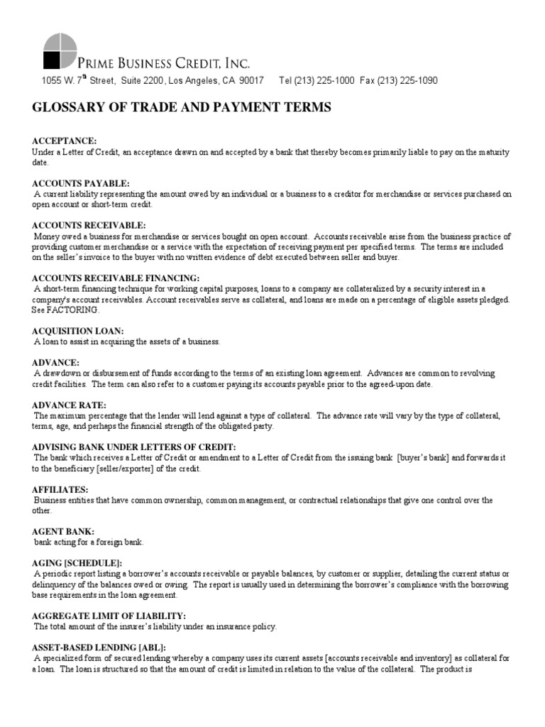 Glossary of Trade and Payment Terms | PDF | Letter Of Credit | Credit ...
