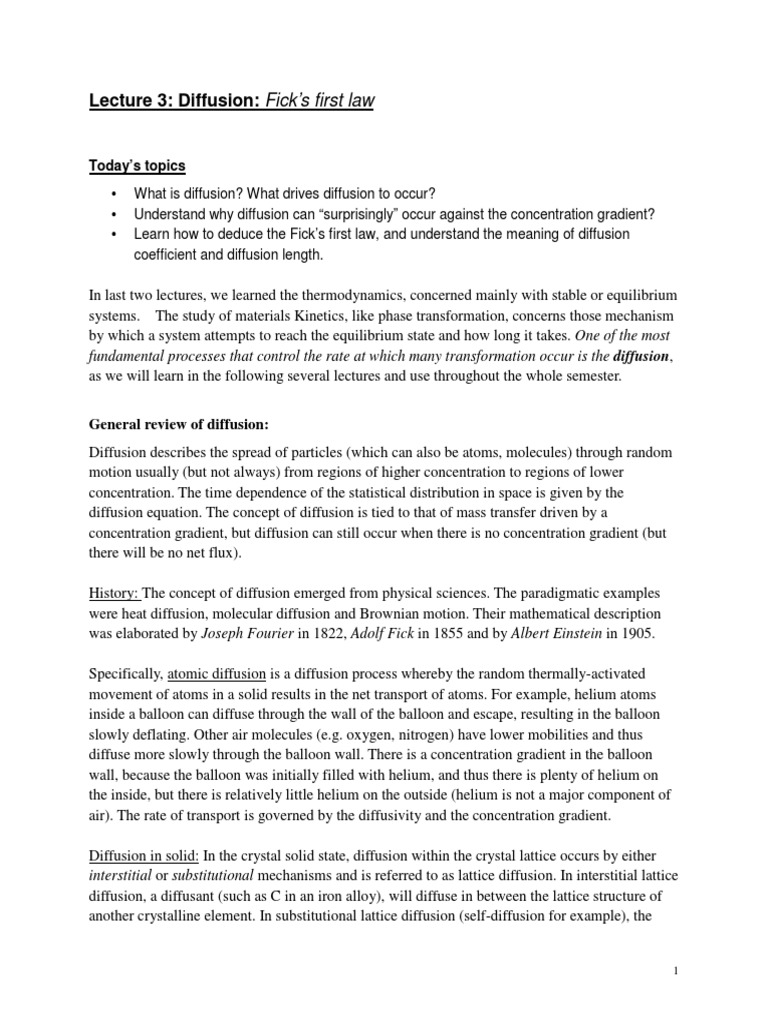 Lecture 3: Diffusion: Fick's First Law | PDF | Diffusion | Continuum Mechanics