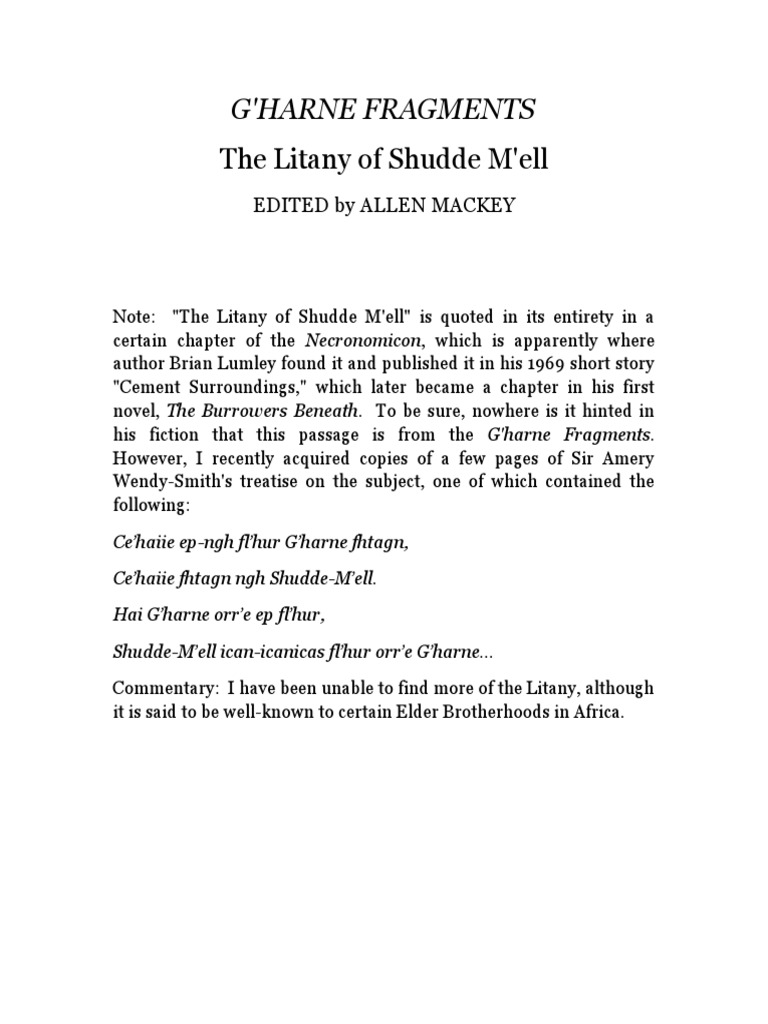 The G'Harne Fragments - The Litany of Shudde M'Ell, Edited by Allen ...