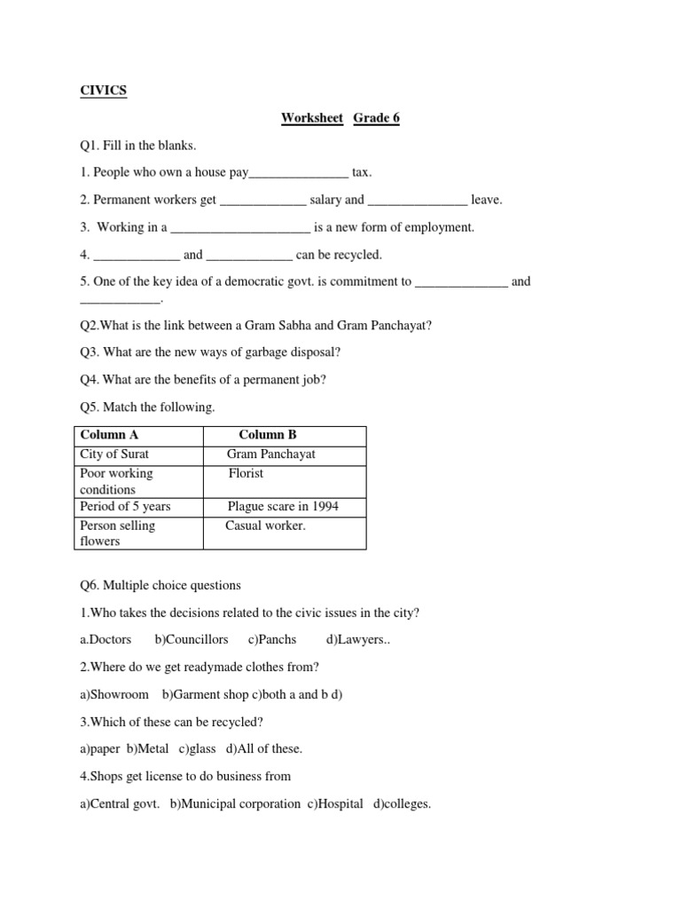 Civics Worksheet Grade 6 | PDF