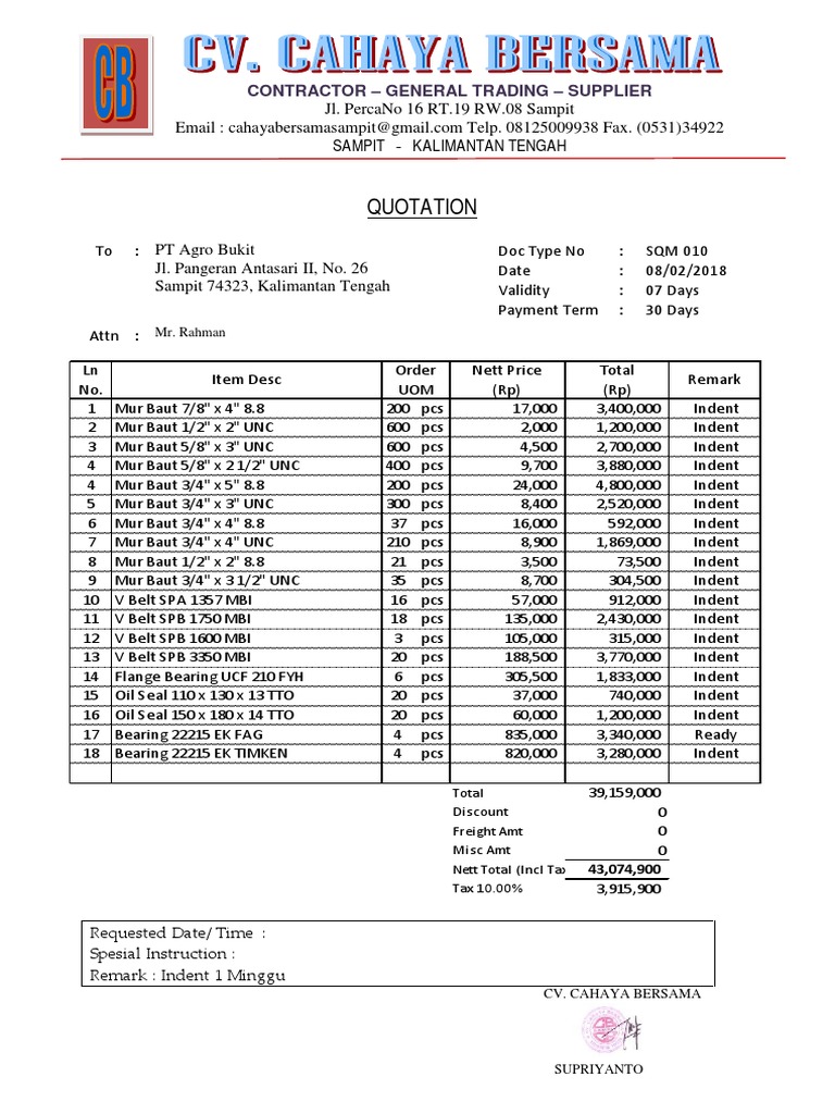 Quotation Agro Indomas Group 10 Revisi | PDF