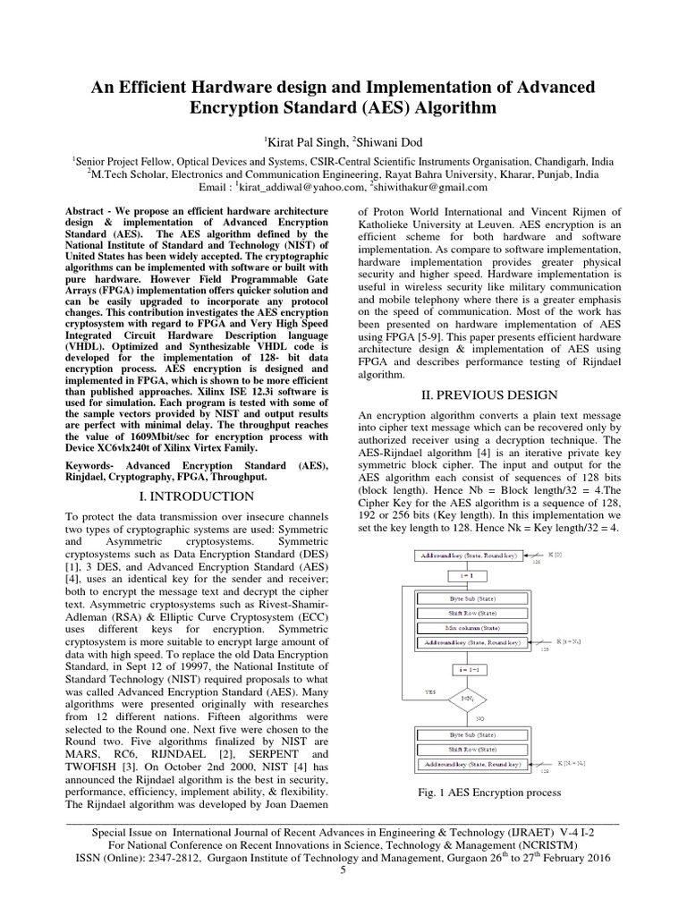 An Efficient Hardware Design and Implementation of Advanced Encryption Standard (AES) Algorithm ...