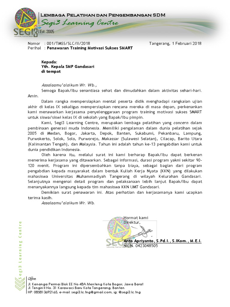Contoh Surat Penawaran Training Motivasi SMART | PDF | Karier ...