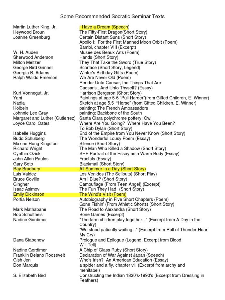 Socratic Seminar Recommended Texts List | PDF | Short Stories | Poetry
