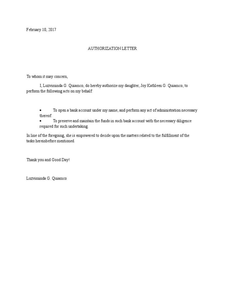 Sample Authorization Letter For Opening Bank Account | PDF | Government ...