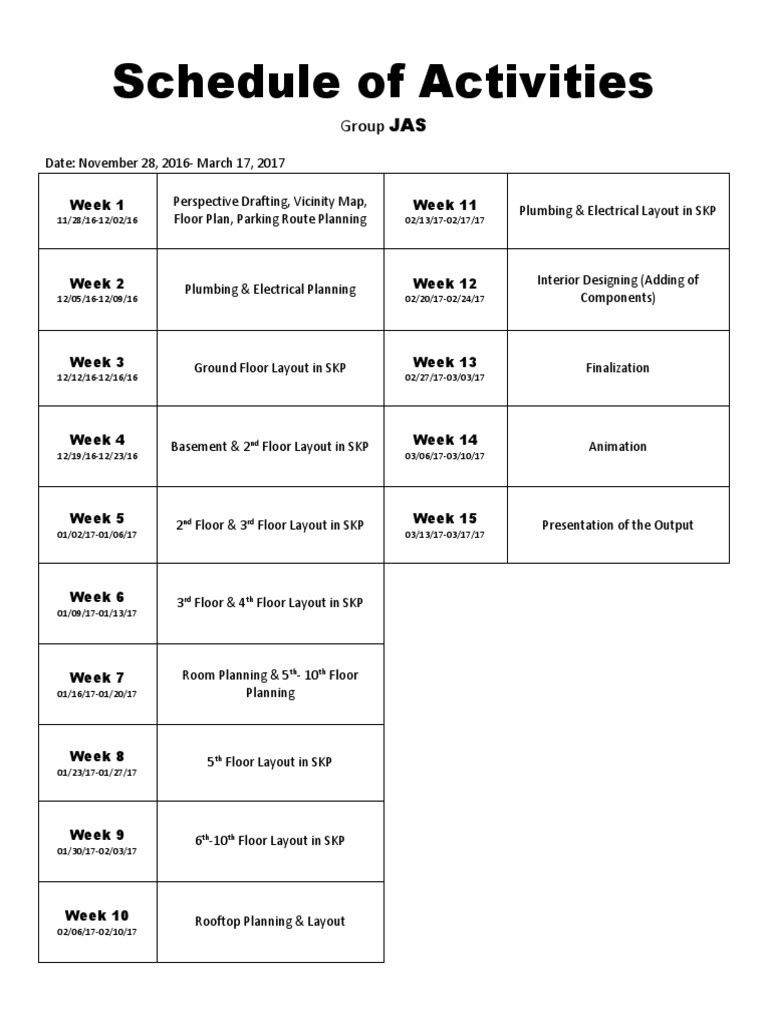 Schedule of Activities: Group JAS | PDF