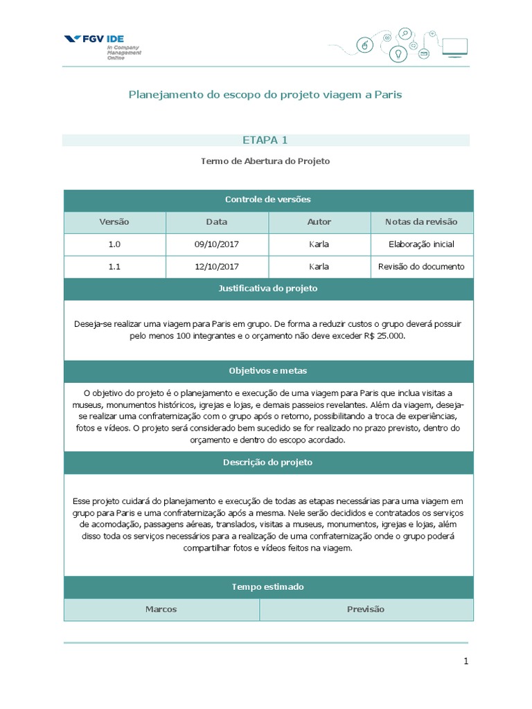 Trabalho de Escopo | Paris | Gerenciamento de projetos