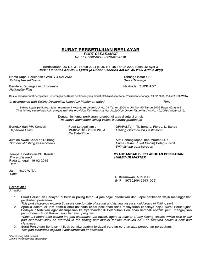 Surat Persetujuan Berlayar | PDF