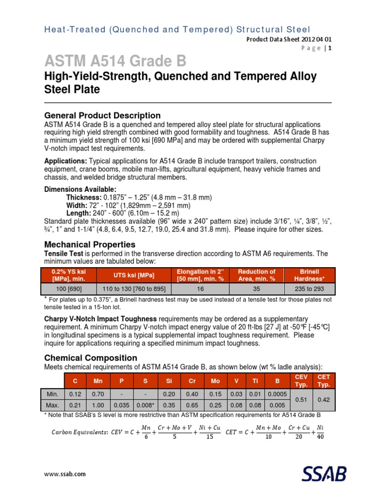 ASTM A514 Gr B data sheet 2012 04 01.pdf | Structural Steel | Welding