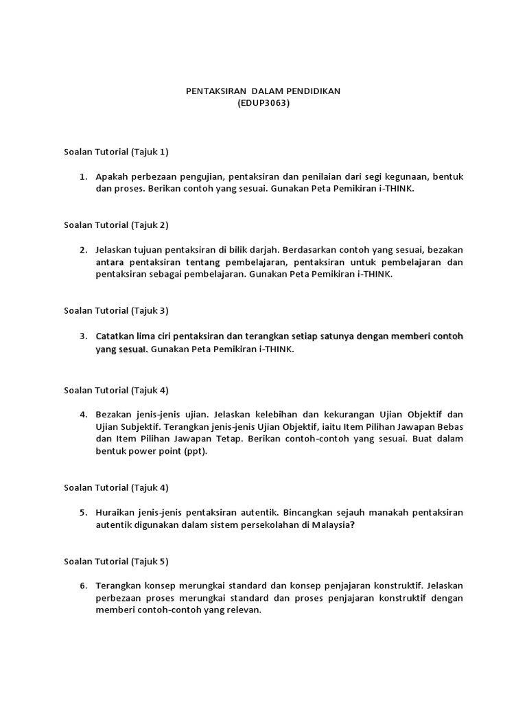 EDUP3063-Soalan Tutorial 2018 | PDF