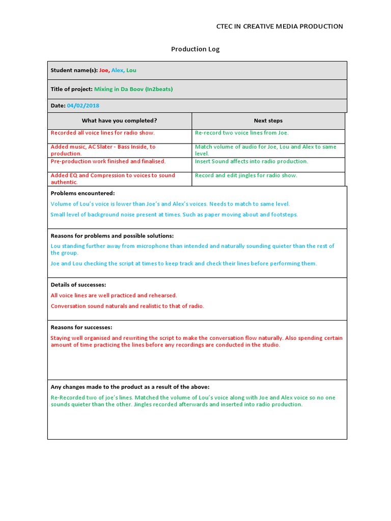 Production Log Minutes For Meetings | PDF