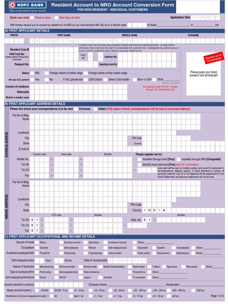 HDFC Bank Resident Account To NRO Account Conversion Form | PDF ...