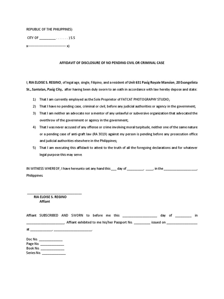 Affidavit of No Pending Civil or Criminal Case_regino