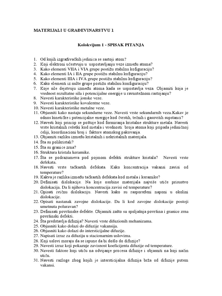 Kolokvijum 1 - Spisak Pitanja PDF | PDF